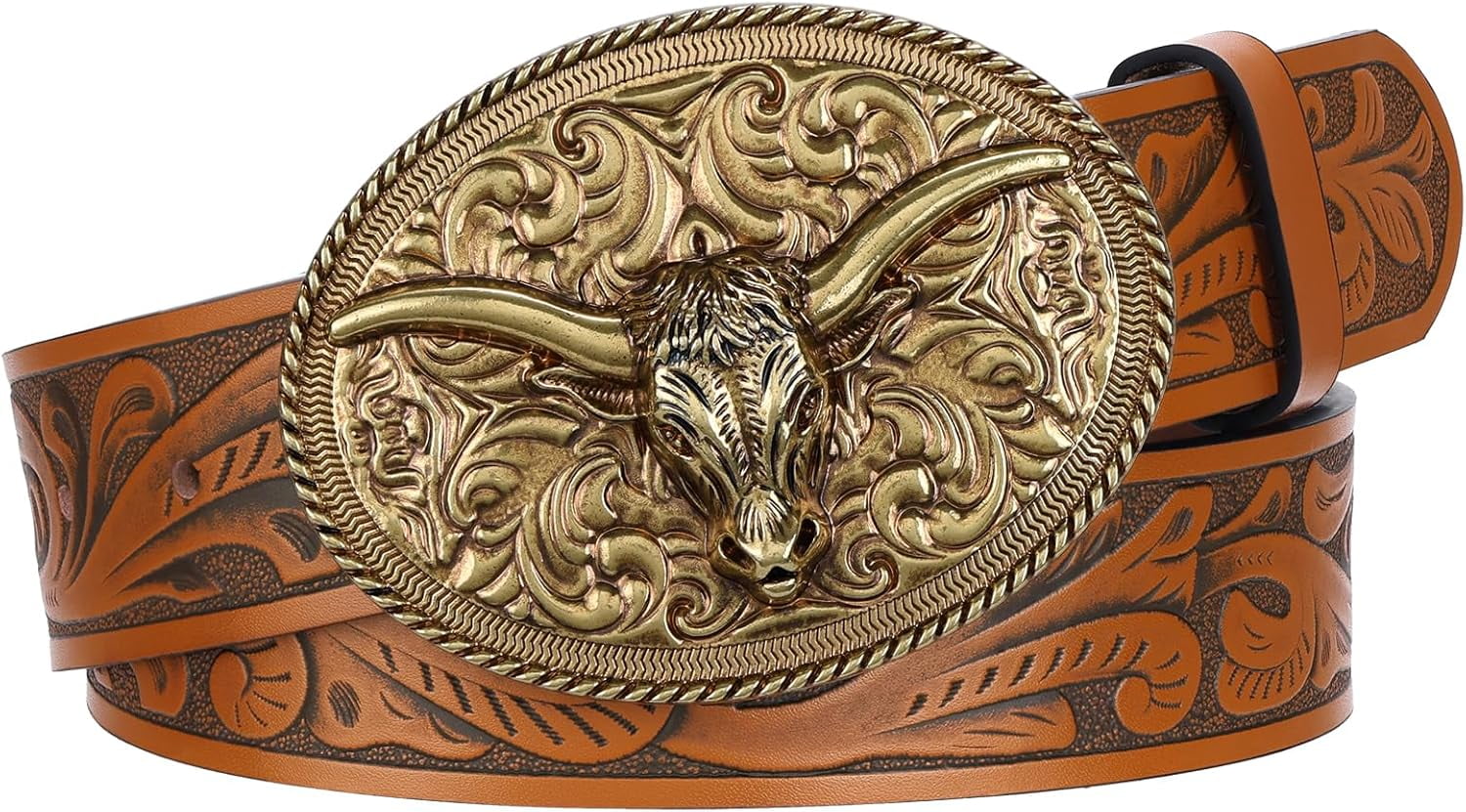 Western Leather Belt with Antique Longhorn Buckle Engraved Cowgirl ...