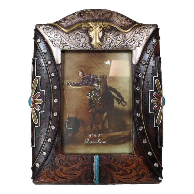 Western Longhorn Tooled Silver Concho Turquoise Gems Picture Photo ...