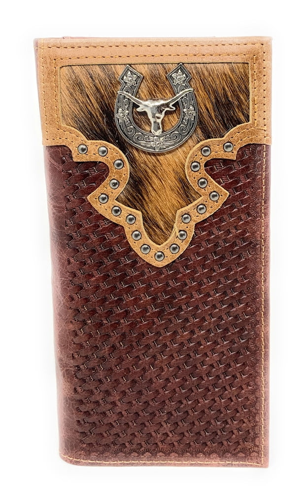 Western Men's Cow Fur Genuine Leather Basketweave Longhorn Bifold ...