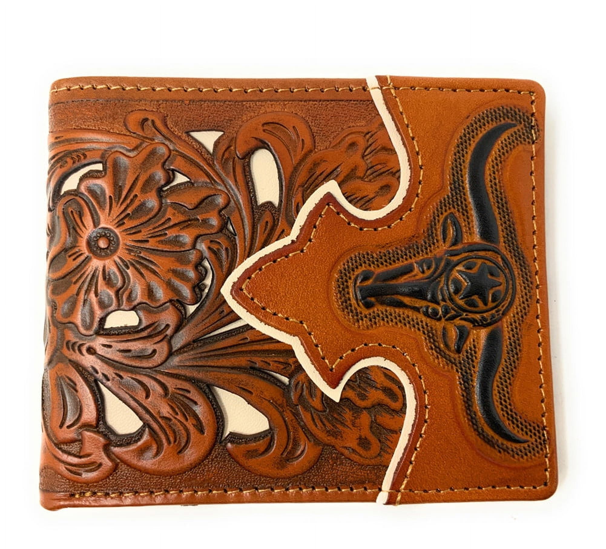 Western Mens Leather Longhorn Floral Tooled Laser Cut Long Wallet ...