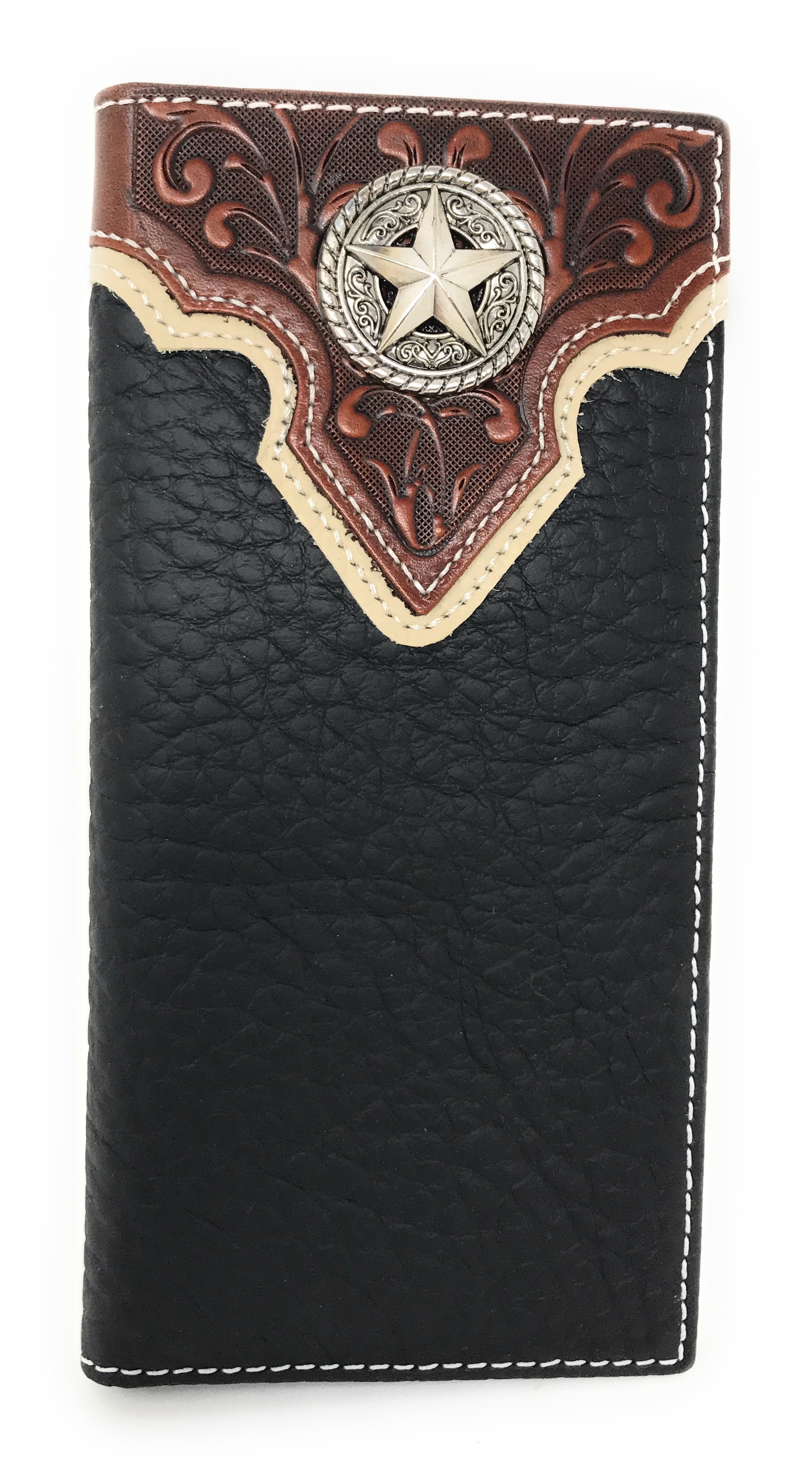 Western Mens Metal Lone Star Cowboy Genuine Leather Long Bifold Wallet ...