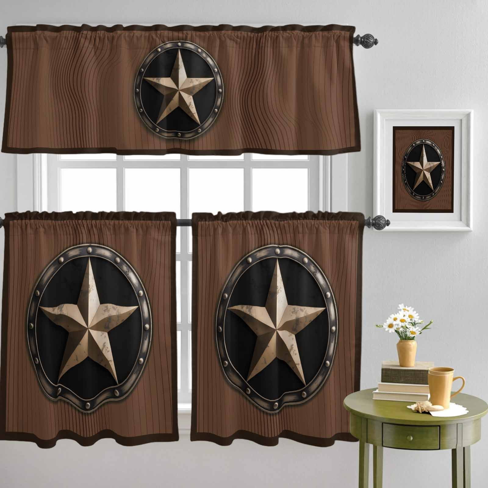 Western Metal Texas Carve Gold Star Curtain Tier and Valance Set 3 ...