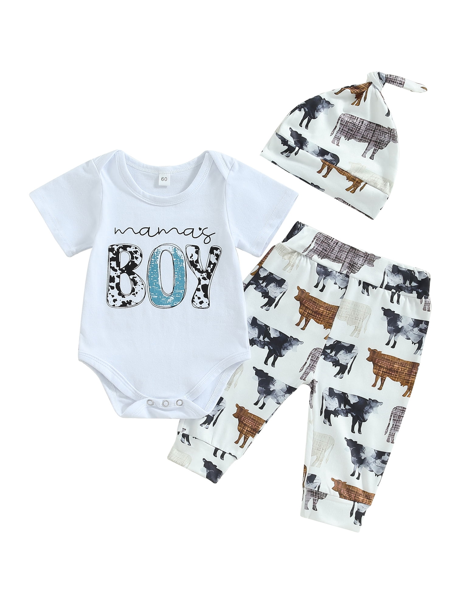 Western Newborn Baby Boys Cowboy Outfits Cow Print Letter Bodysuit+Long Leggings+Cap 3pcs Infant ...