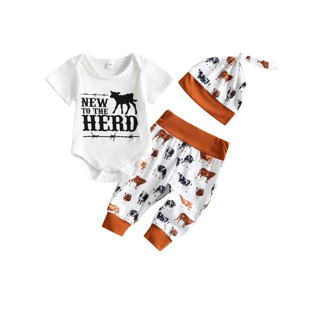 Western Newborn Baby Boys Cowboy Outfits Cow Print Letter Bodysuit+Long Leggings+Cap 3pcs Infant ...