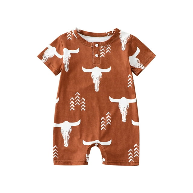 Western Newborn Baby Girl Boy Clothes Romper Onesie Cowhead Print Bodysuit One Piece Rib ...
