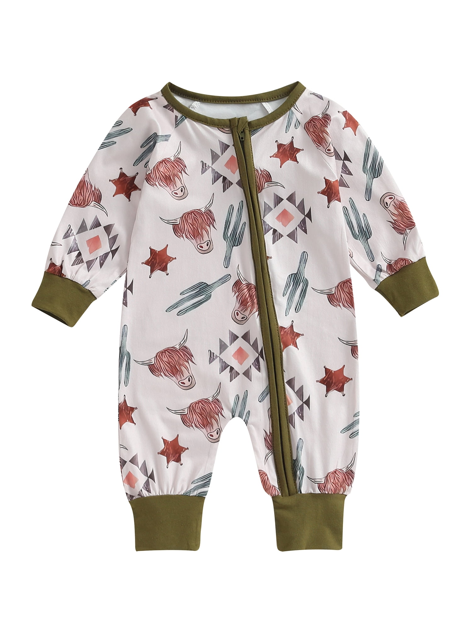 Western Newborn Baby Girls Boys Casual Crew Neck Cow Zipper Jumpsuit Long Sleeve Cattle Head ...