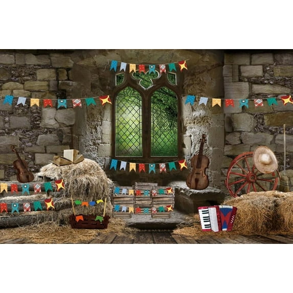 Western Old Barn Backdrop Barrel Hay Bale Wagon Wheel Rustic Kids ...