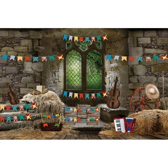 Western Old Barn Backdrop Barrel Hay Bale Wagon Wheel Rustic Kids ...