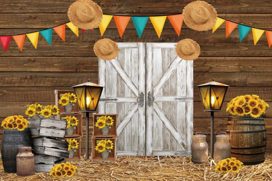 Western Old Barn Backdrop Barrel Hay Bale Wagon Wheel Rustic Kids ...
