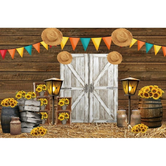 Western Old Barn Backdrop Barrel Hay Bale Wagon Wheel Rustic Kids ...