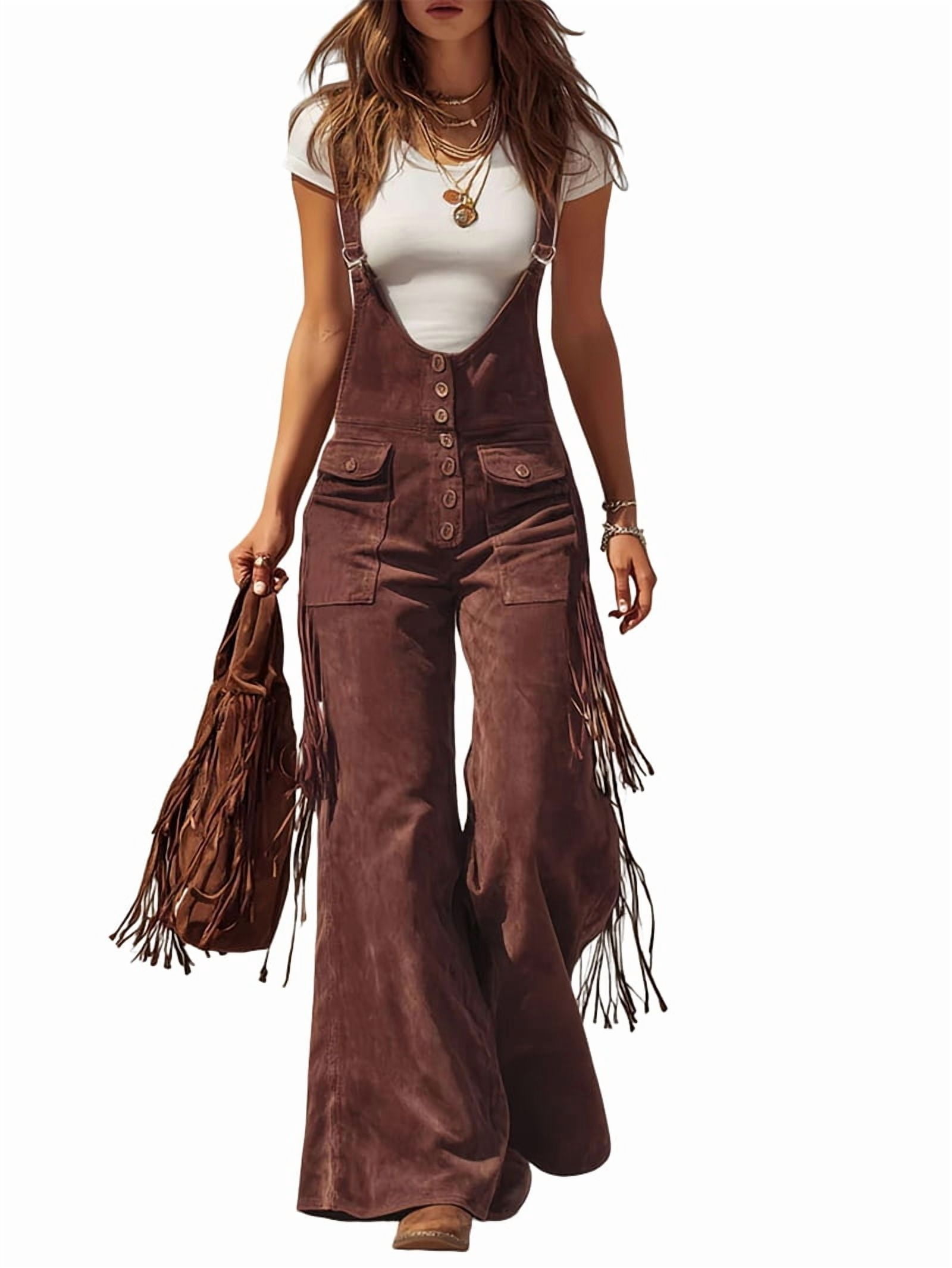 Western Outfits for Women Suede Overalls Loose Fit Tassels Wide Leg ...