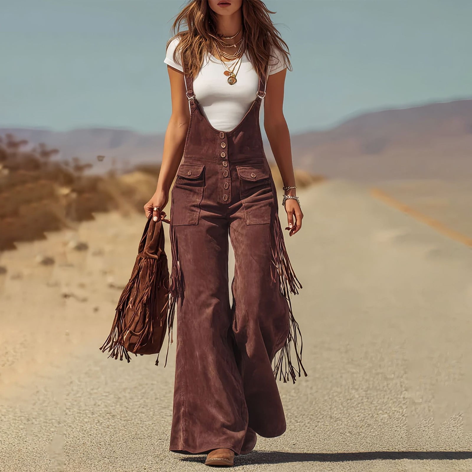 Western Overalls for Women, Suede Fringe Wide Leg Jumpsuit, Vintage ...