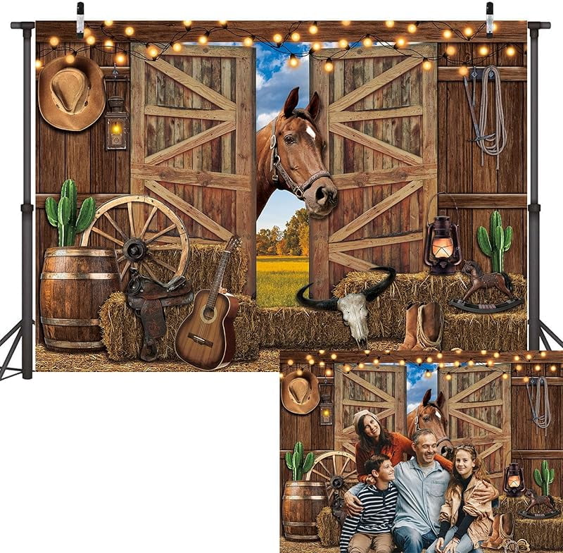 Western Party Backdrop Wild Cowboy Rustic Wooden Barn Door Horse ...