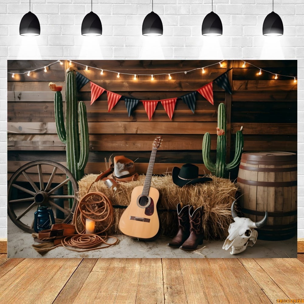 Western Party Photography Backdrop Cactus Haystack Guitar Boots West ...