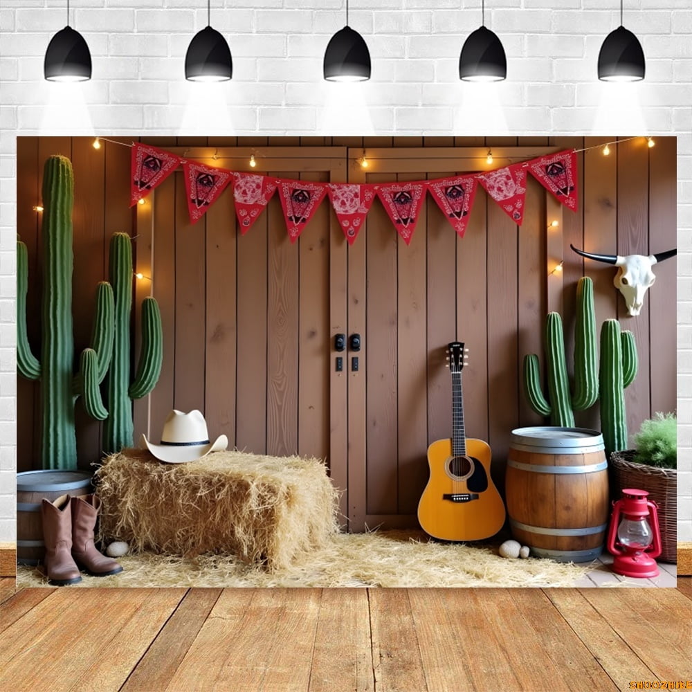 Western Party Photography Backdrop Cactus Haystack Guitar Boots West ...