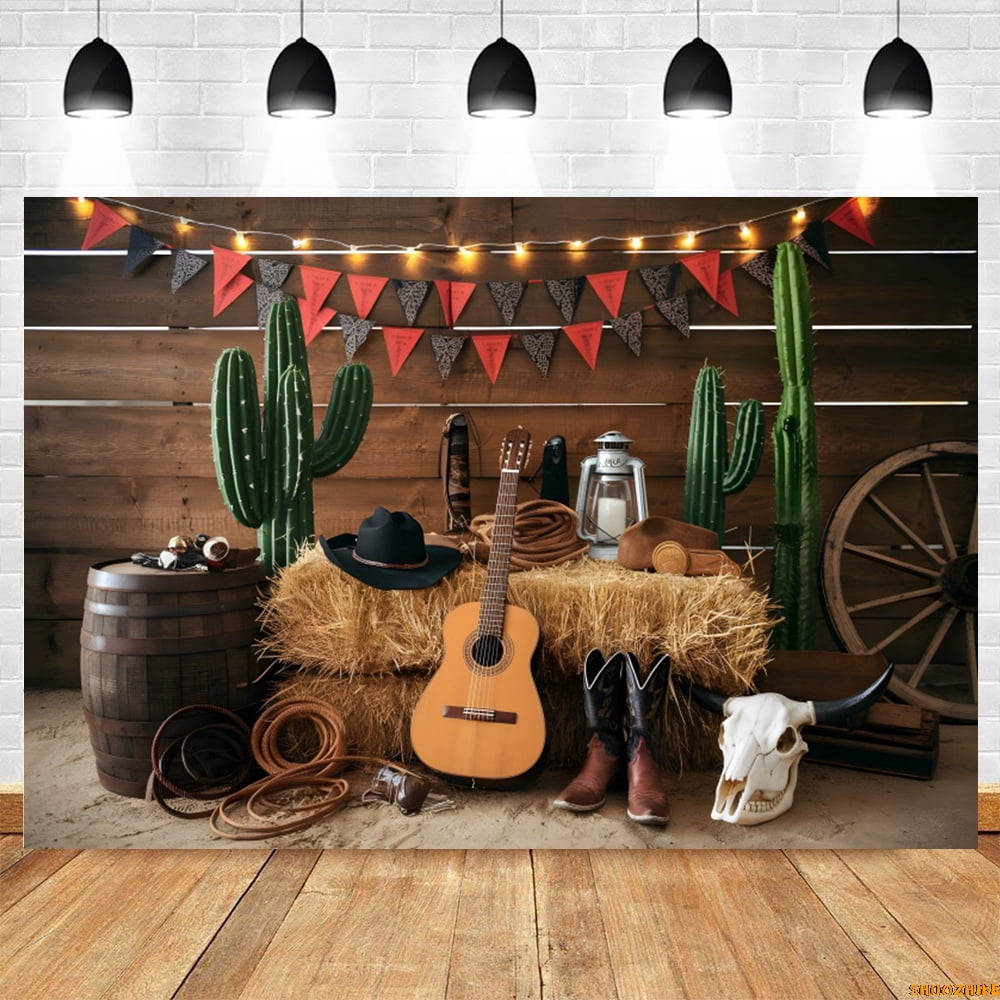 Western Party Photography Backdrop Cactus Haystack Guitar Boots West ...