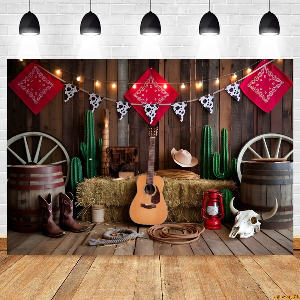Western Party Photography Backdrop Cactus Haystack Guitar Boots West Cowboy Birthday Party Photo ...