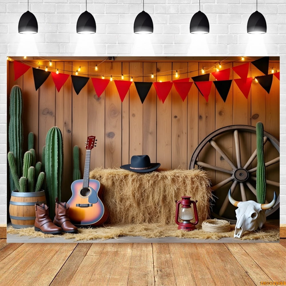 Western Party Photography Backdrop Cactus Haystack Guitar Boots West ...