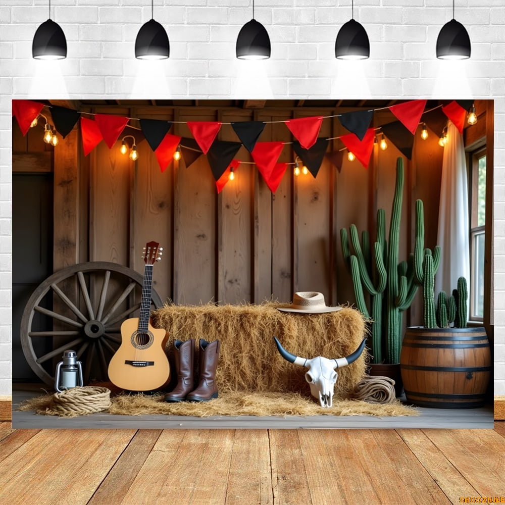 Western Party Photography Backdrop Cactus Haystack Guitar Boots West ...