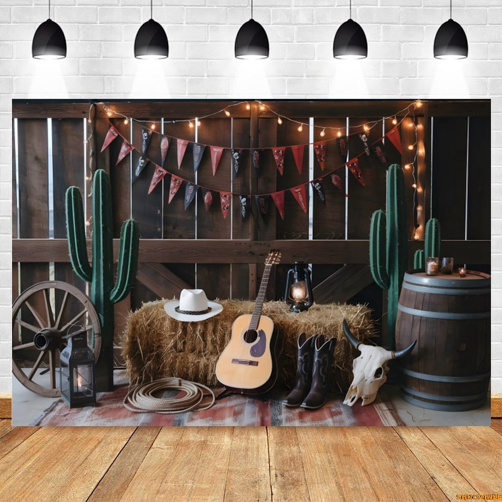 Western Party Photography Backdrop Cactus Haystack Guitar Boots West ...