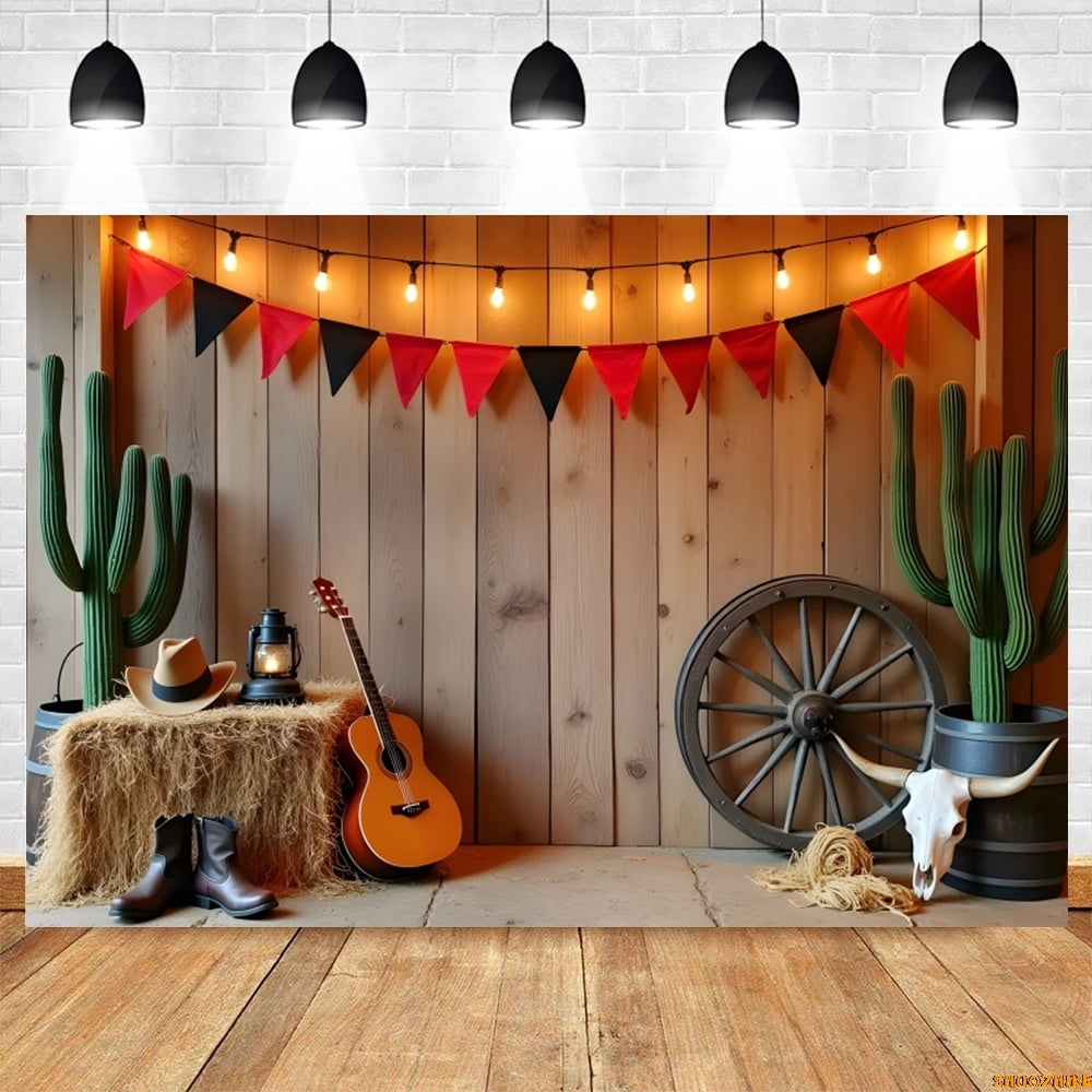 Western Party Photography Backdrop Cactus Haystack Guitar Boots West ...