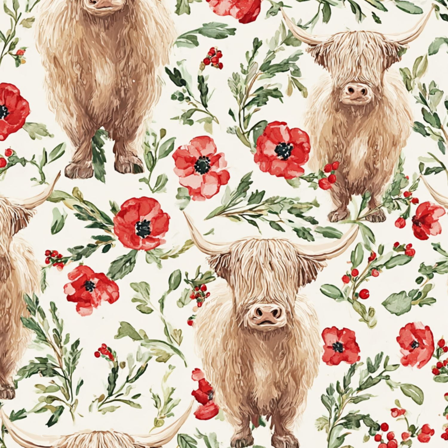 Western Peel and Stick Wallpaper Highland Cow Floral Red Greenery Wall ...