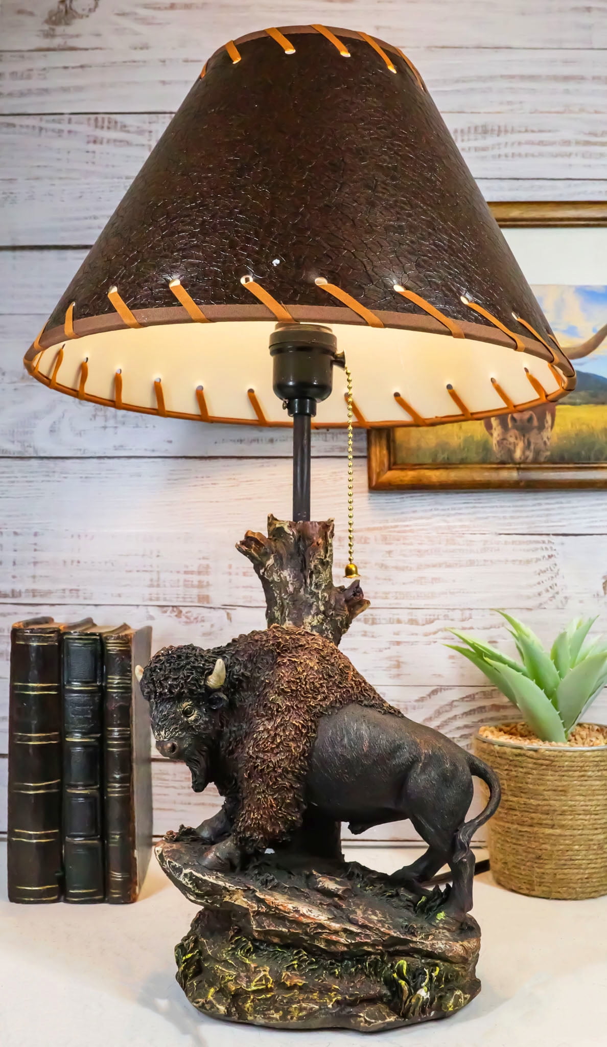 Rustic Western Plains Bison Buffalo Table Lamp on Sloped Rocks by Tree ...