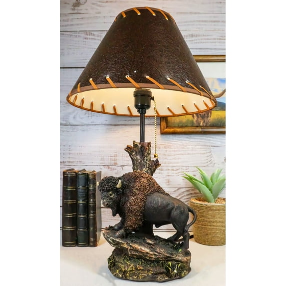 Rustic Western Plains Bison Buffalo Table Lamp on Sloped Rocks by Tree ...