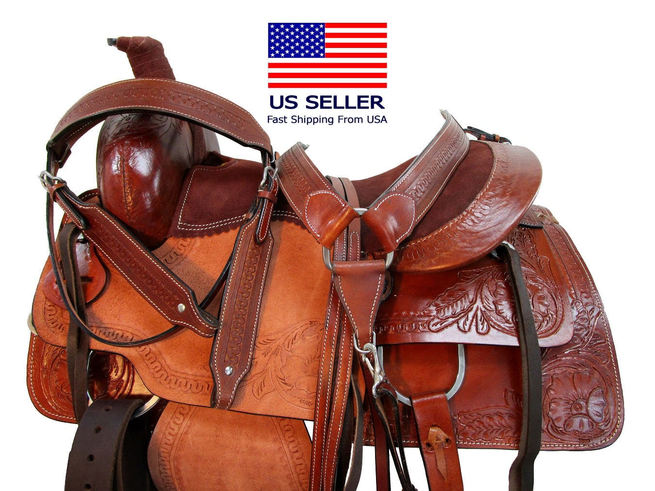 Western Pleasure Trail Saddle Floral Tooled Leather Horse Tack 15 16 17 ...