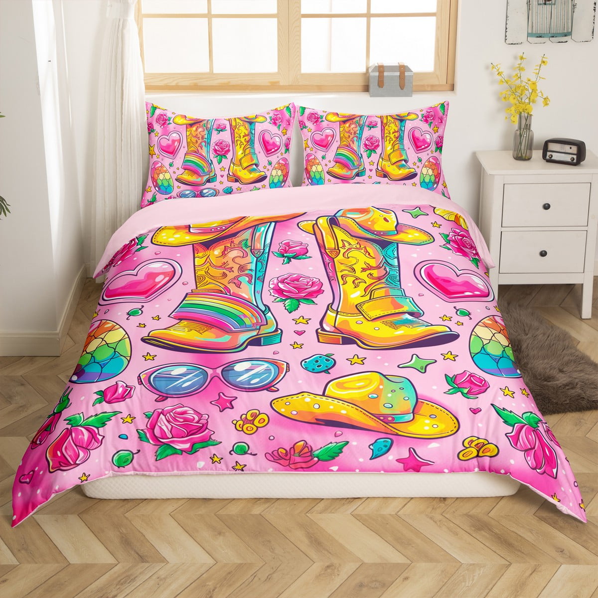 Western Queen Bedding Set,Groovy Cowgirl Boot Hat Flower Duvet Cover ...