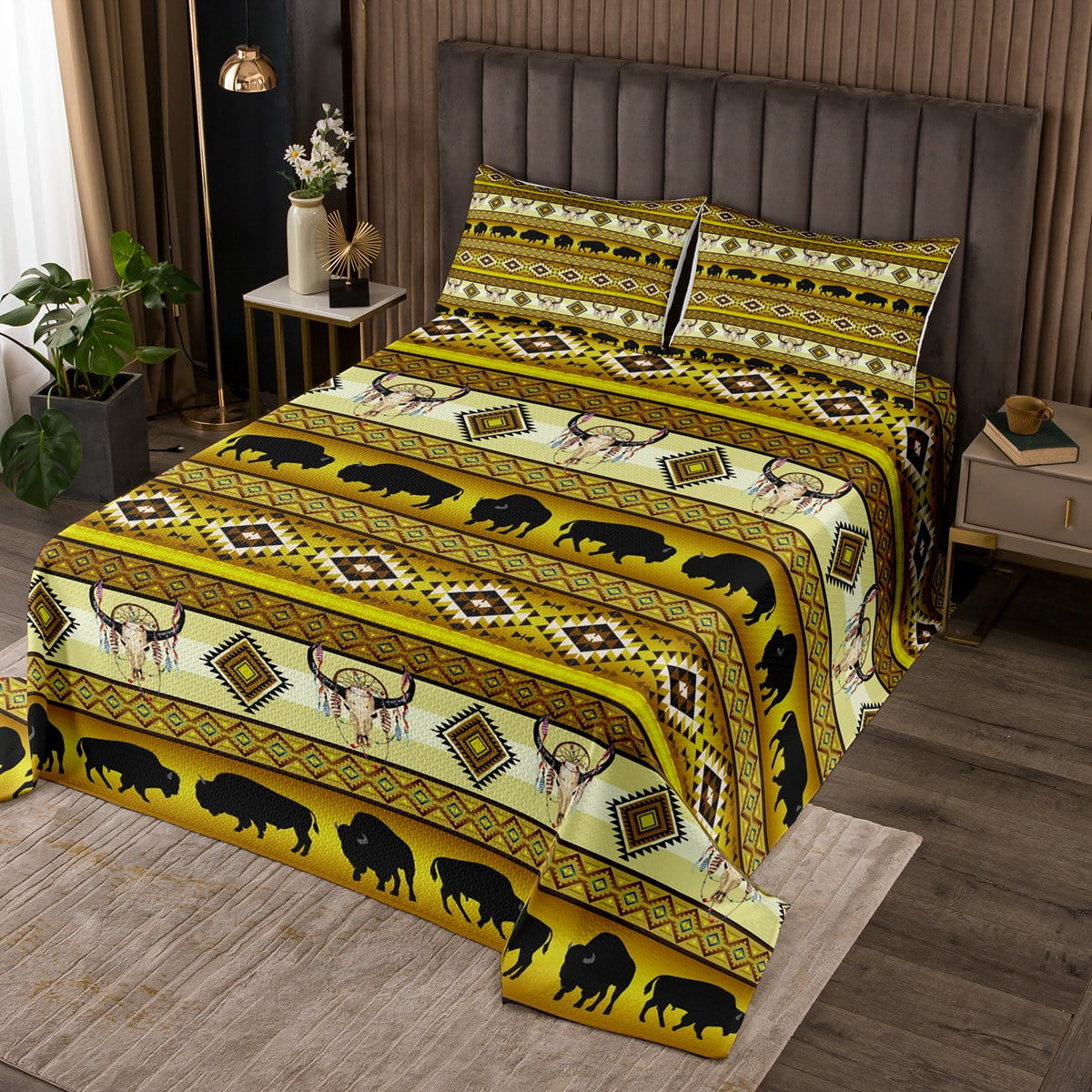 Western Quilt Set King,Longhorn Skull Southwestern Bedspread Set Tribe ...