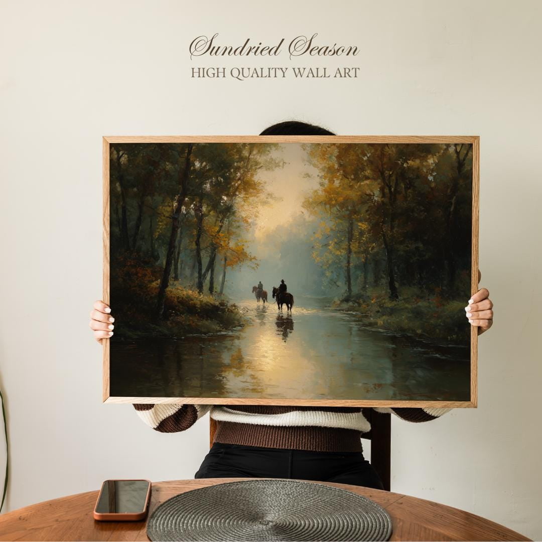 Western Riders In Forest River Art Print, Autumn Horseback Landscape ...