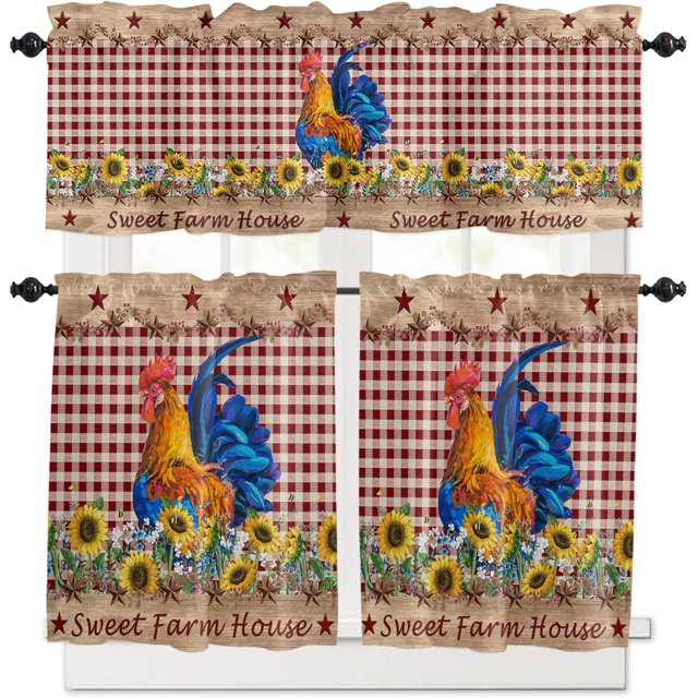 Western Rooster Curtain Tier and Valance Set Farmhouse Kitchen 3 Piece ...