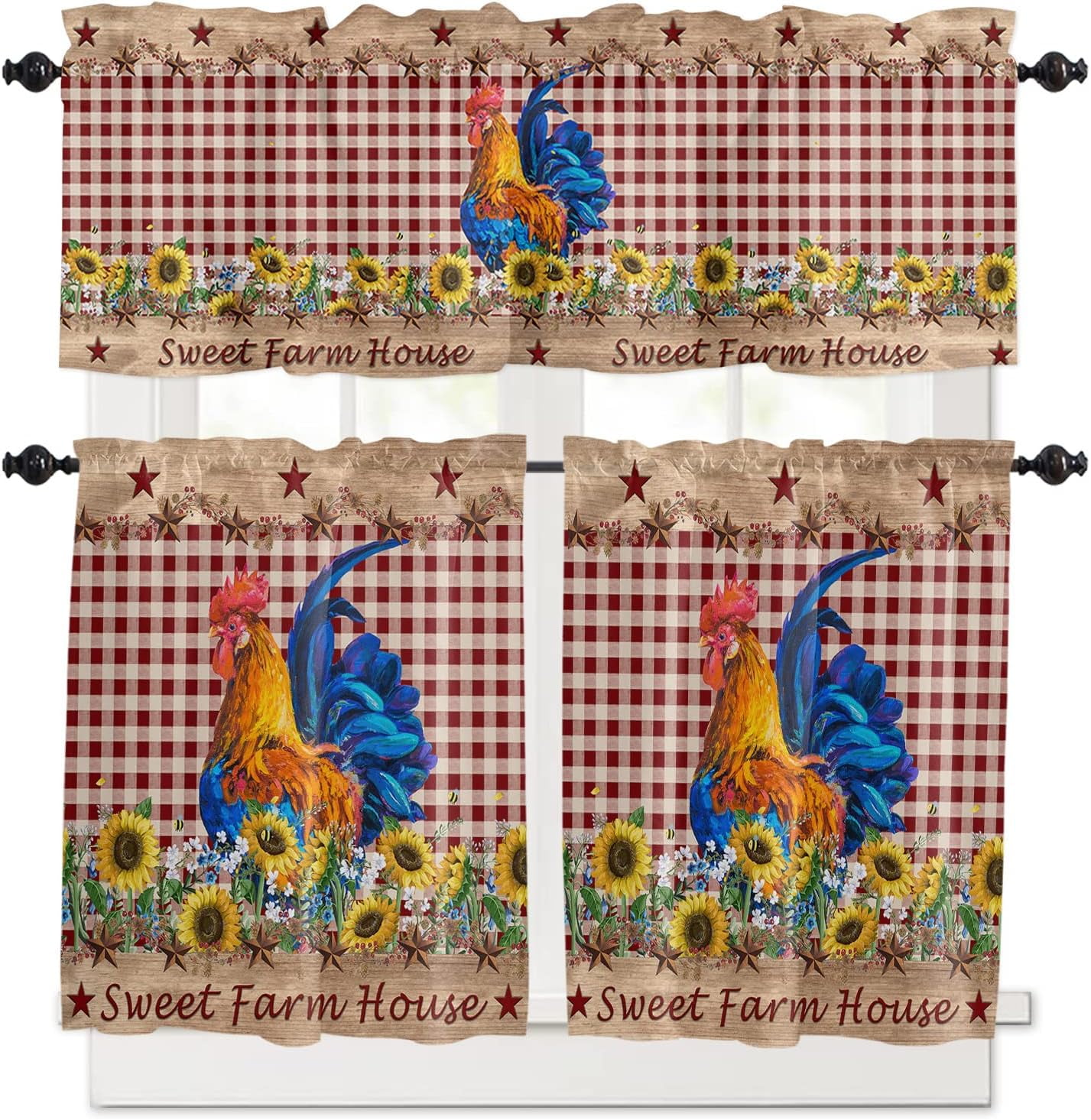 Western Rooster Curtain Tier and Valance Set Farmhouse Kitchen 3 Piece ...
