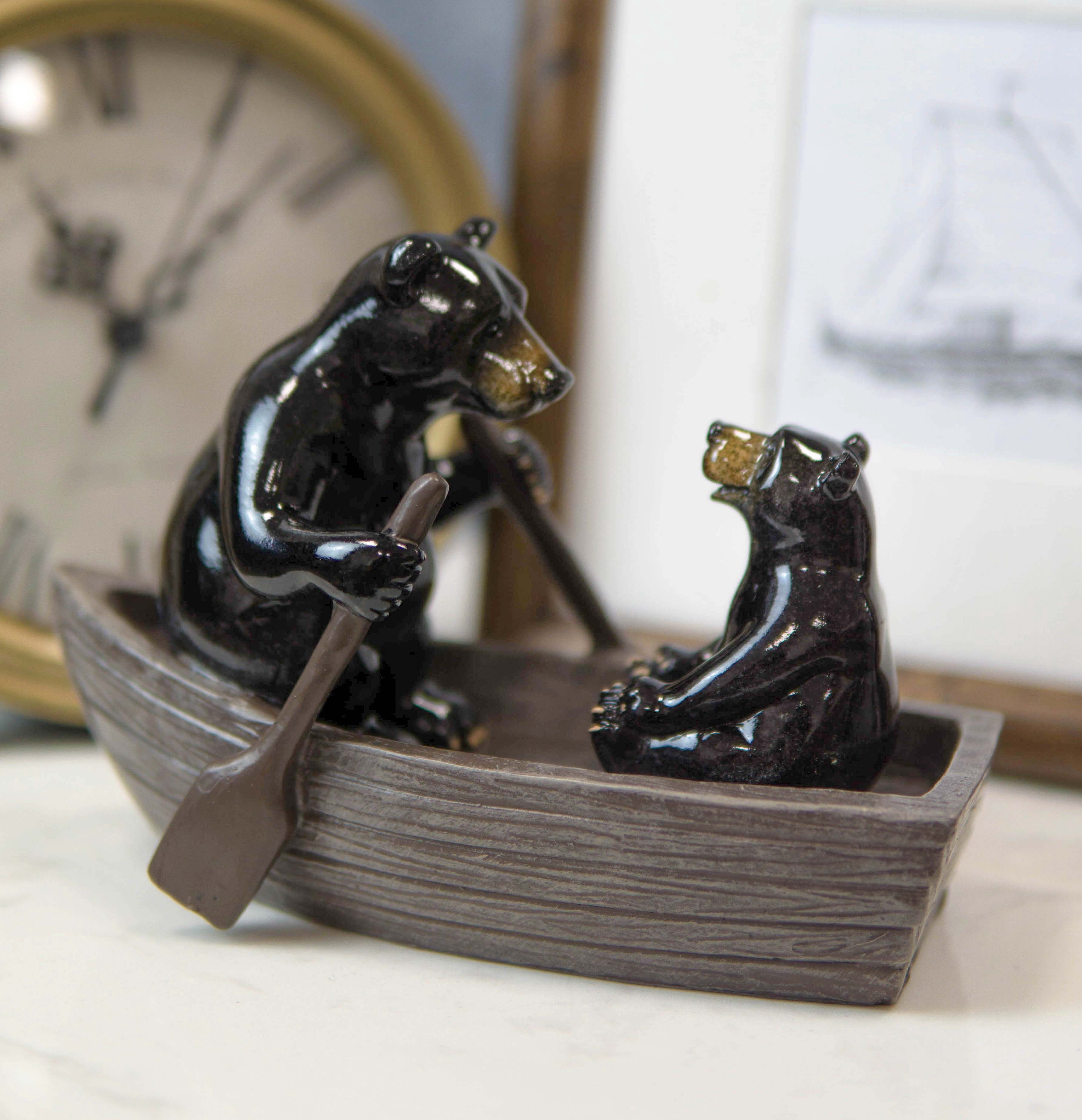 Western Rustic Black Bears Father and Son Family Rowing Canoe Boat ...