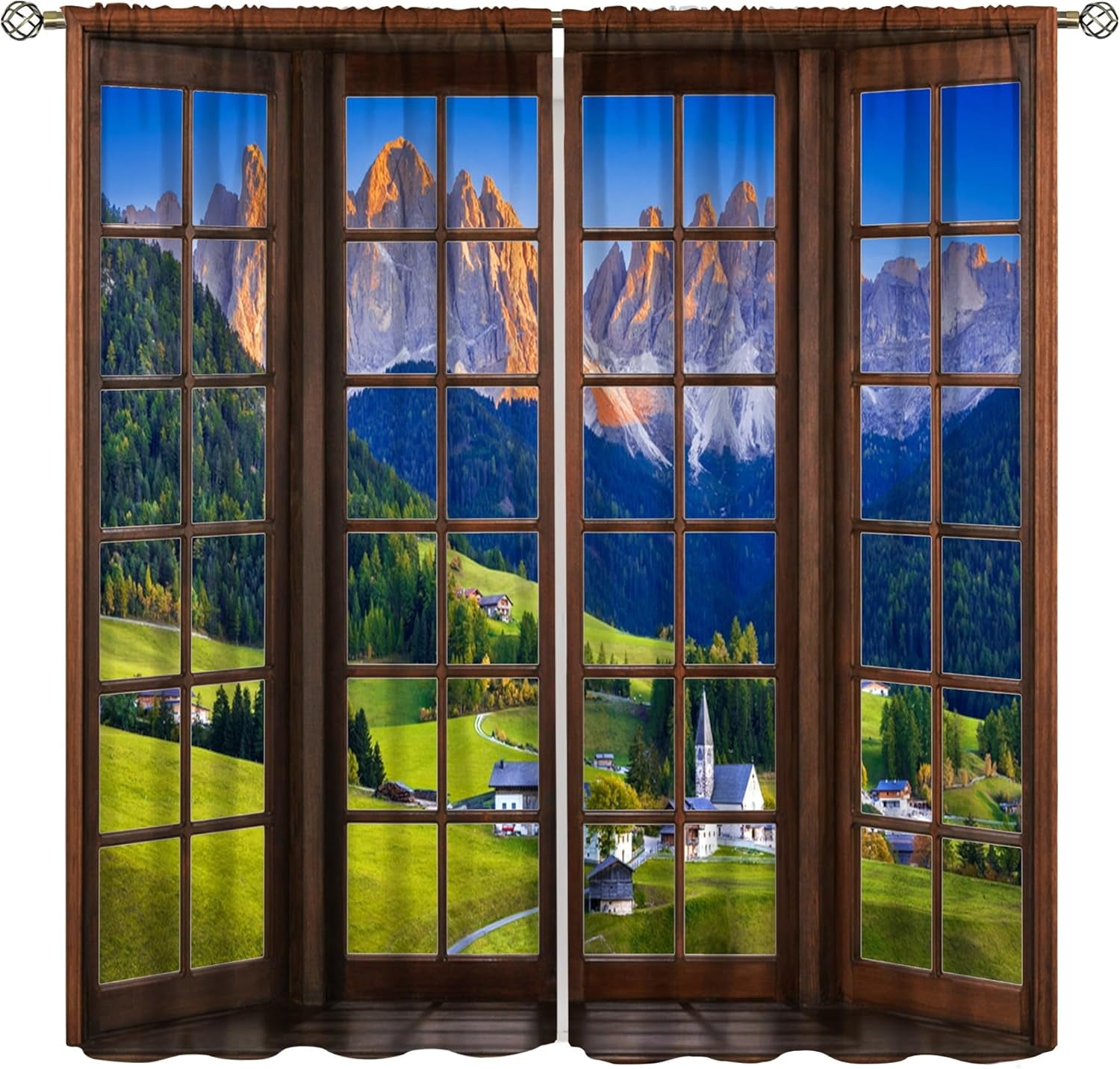Western Rustic Landscape Curtains, Wooden Window Forest Mountain Nature ...