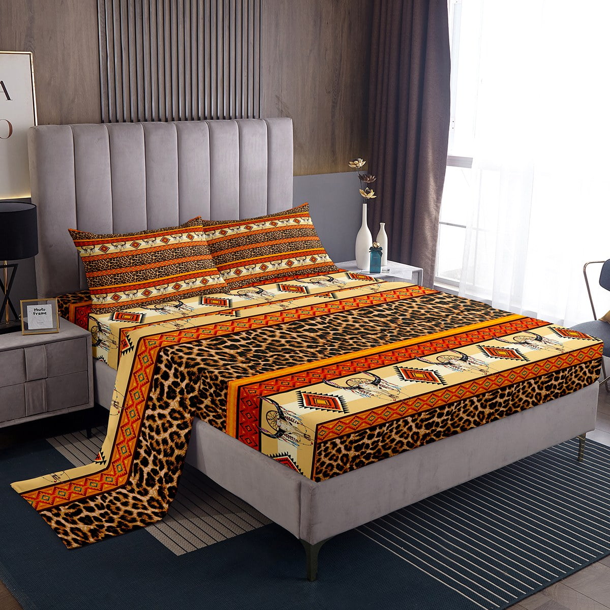 Western Sheet Set Queen,Gothic Bull Skull Bed Sheets Set Brown Leopard ...