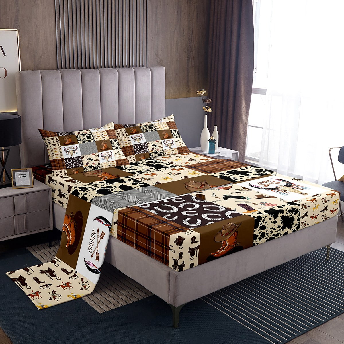 Western Sheet Set Twin,Southwestern Cowhide Bed Sheets Set,Exotic Bull ...