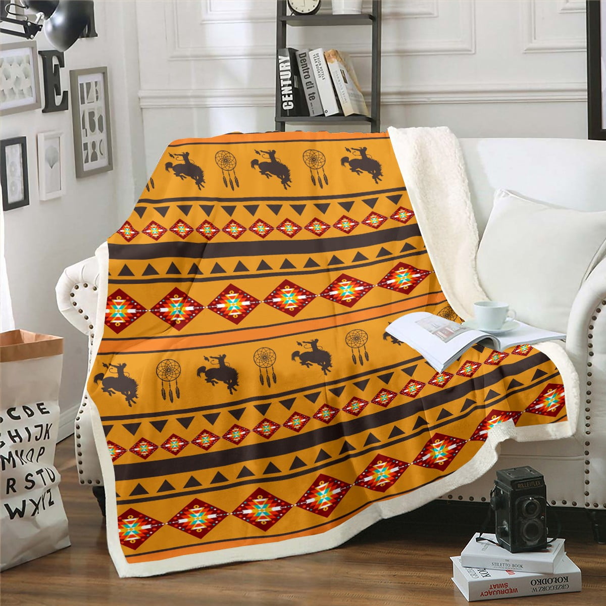 Western Sherpa Blanket 40"X50", Horse Southwestern Cowboy Fleece ...