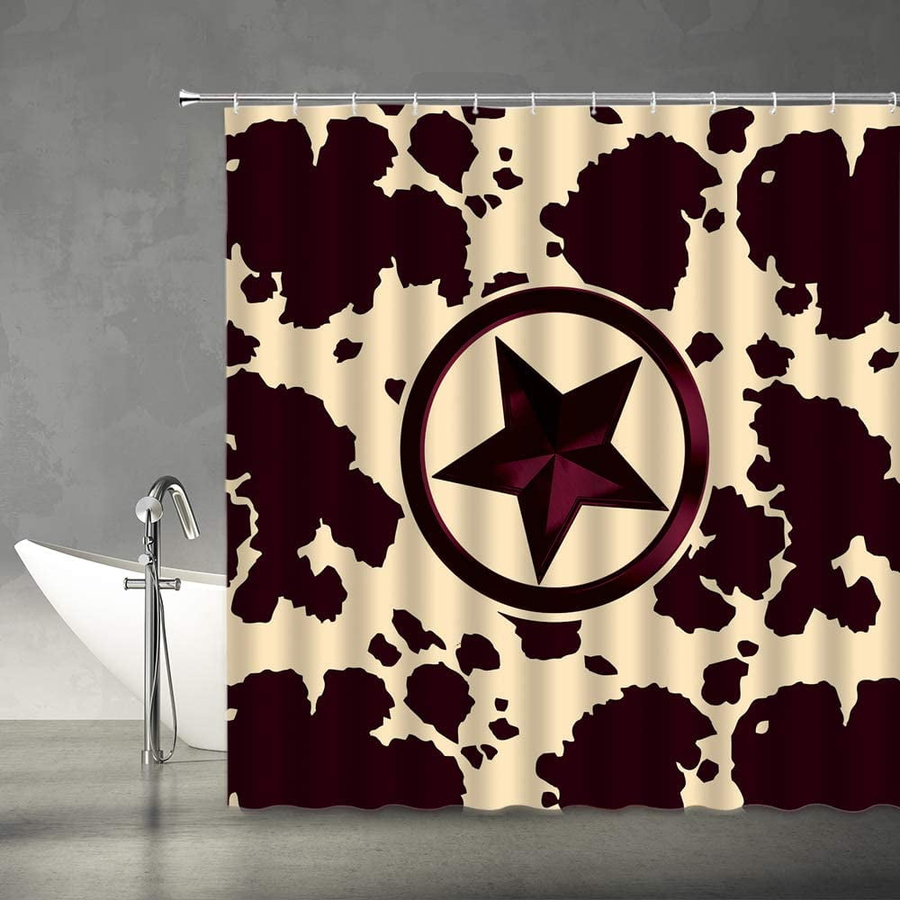 Western Shower Curtain Texas Star Vintage Style Brown Cowhide Cow Print ...