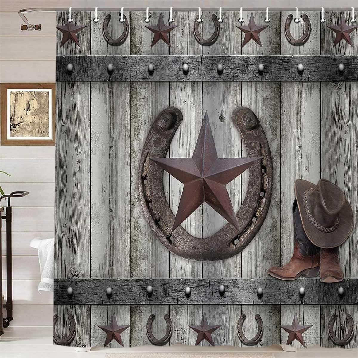 Western Shower Curtain, Vintage Texas Star Horseshoe Cowboy Hat Riding ...