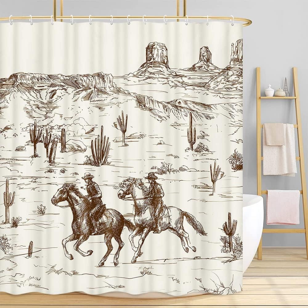 Western Shower Curtain, Wild West Cowboy Ride Horse and Desert Cactus ...