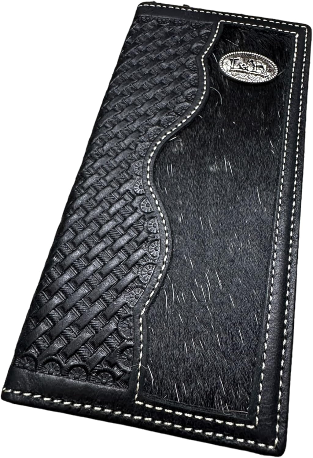 Western Stakes Mens Leather Long Wallet Basketweave Tooled Cow Hair ...