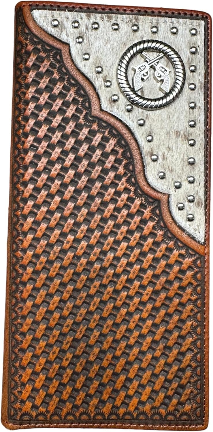Western Stakes Mens Long Wallet Basketweave Tooled Cow Hair Leather Six ...
