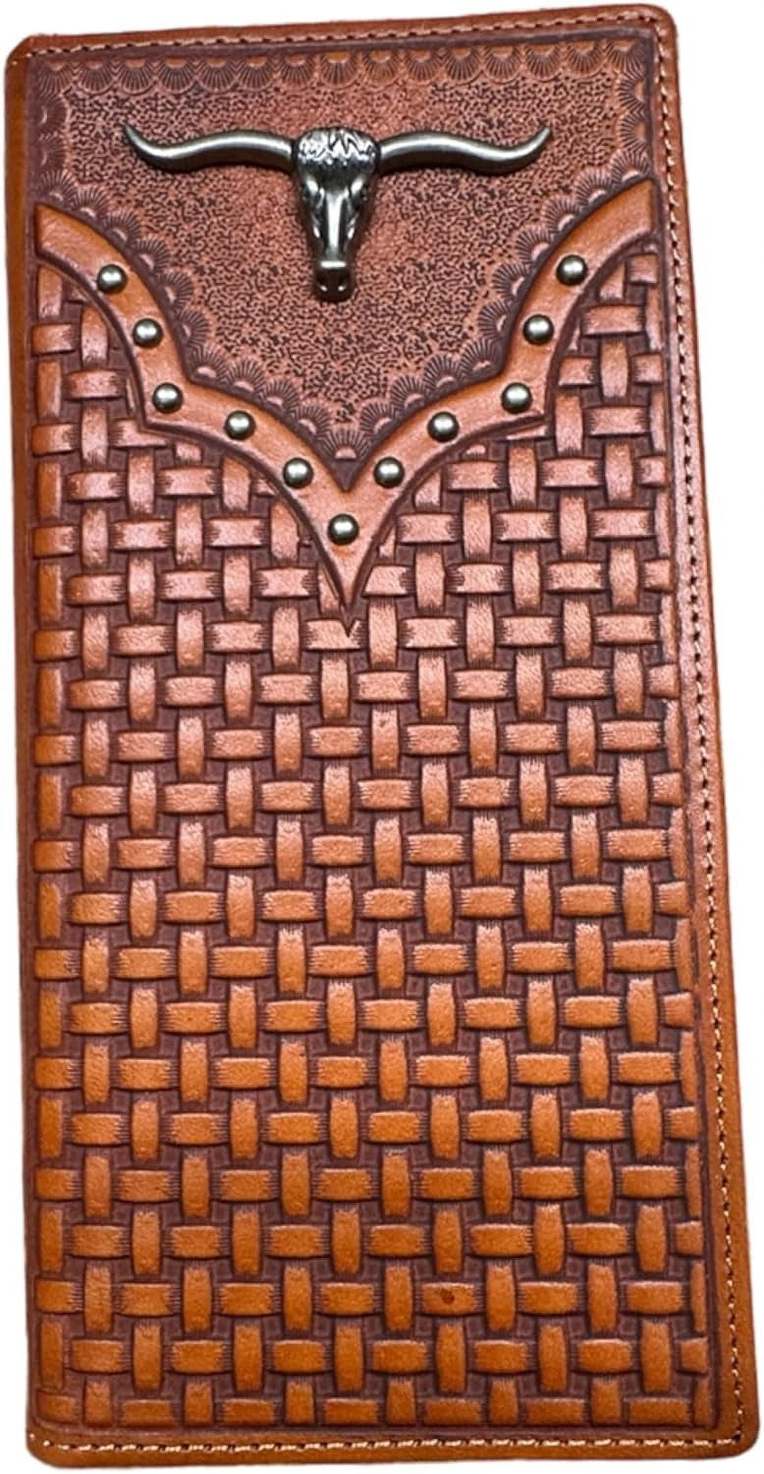 Western Stakes Mens Long Wallet Basketweave Tooled Leather Longhorn ...