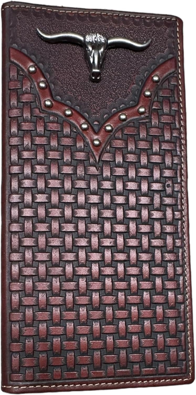 Western Stakes Mens Long Wallet Basketweave Tooled Leather Longhorn ...