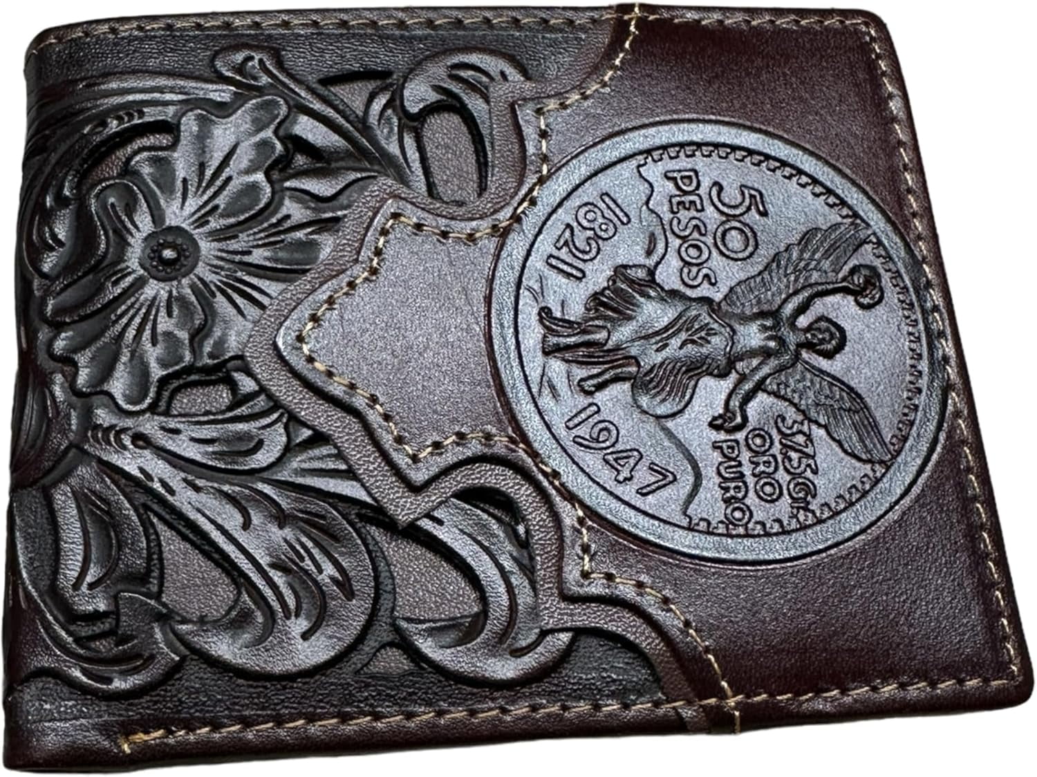 Western Stakes Mexican 50 Peso Embossed Leather Wallet Floral Cutout ...
