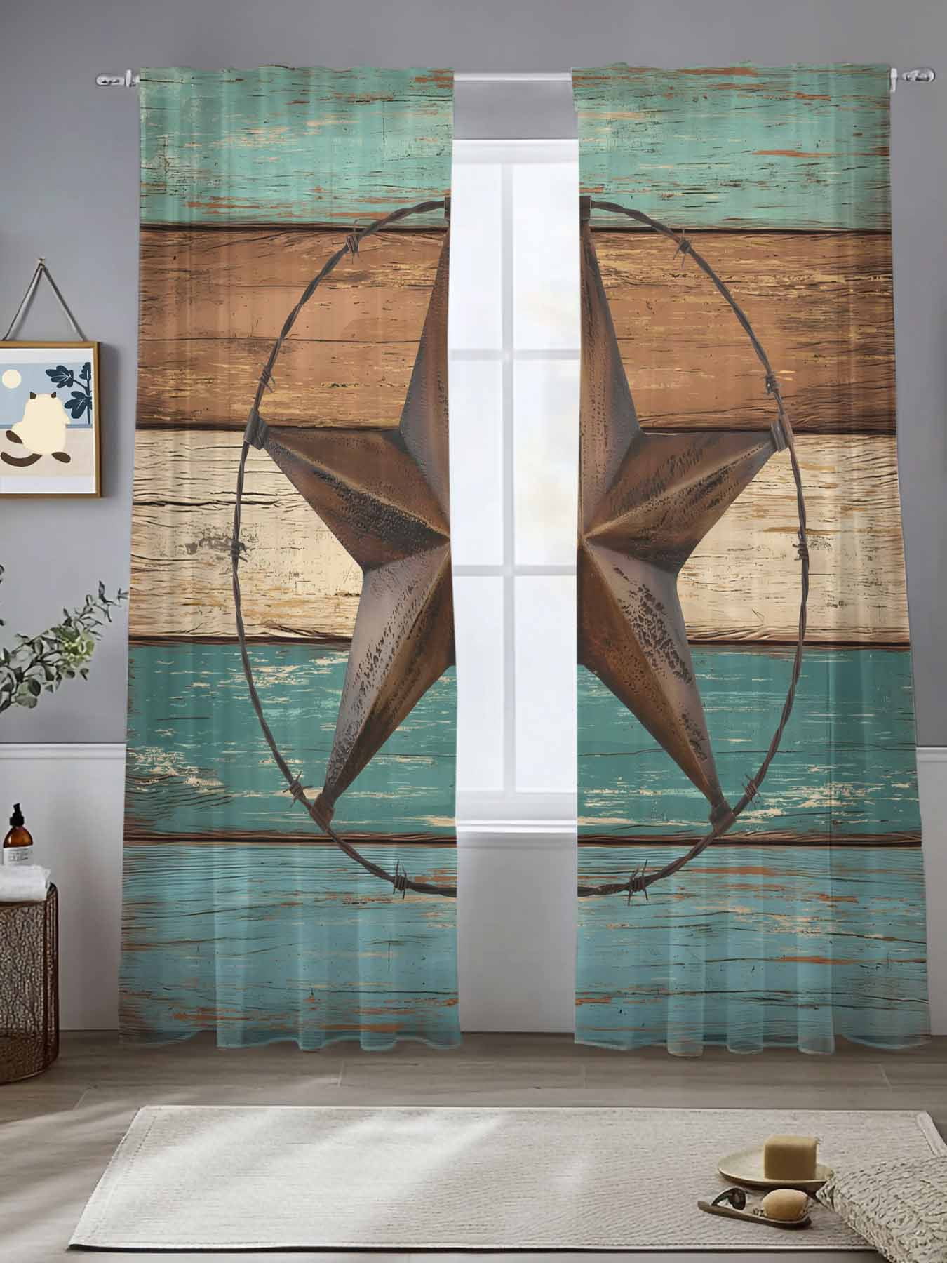 Western Star Country Texas Chiffon Sheer Curtains 96 Inches Long, Farm ...