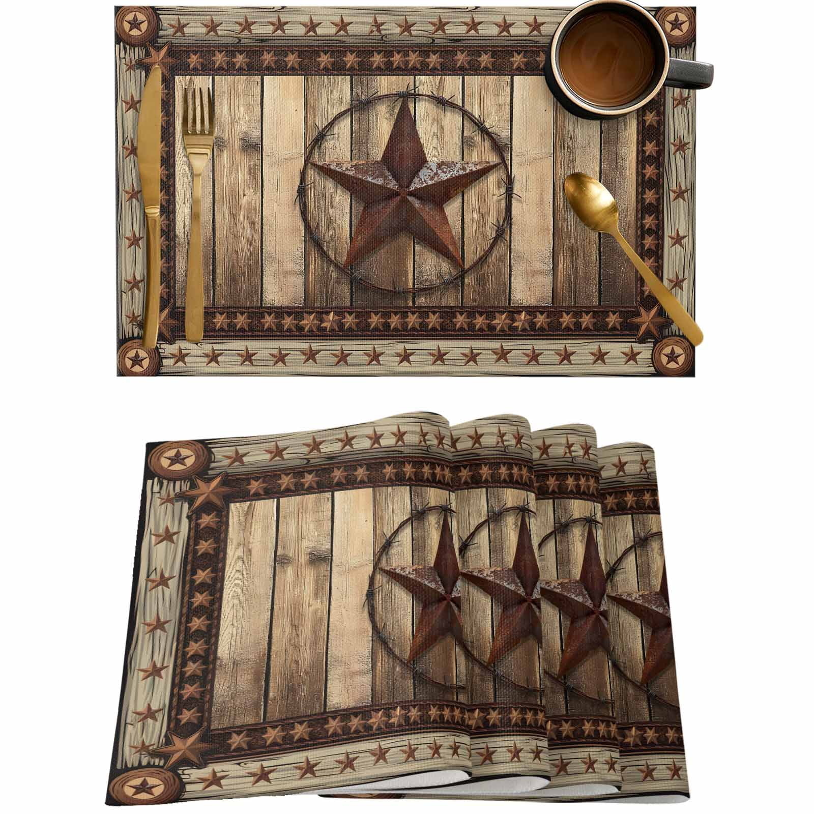 Western Star Farm Brown Wood Grain Placemats Set of 4,Wipeable Washable ...