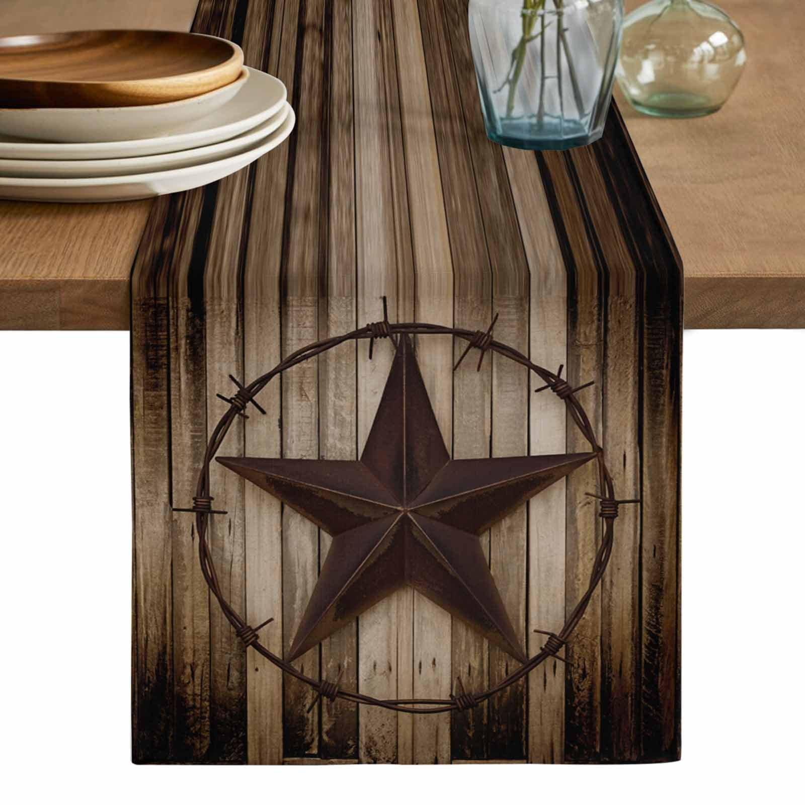 Western Star Retro Table Runner, Vintage Brown Wood Barn Washable ...